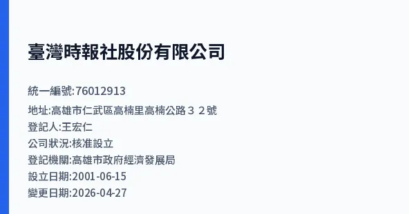 臺灣時報社股份有限公司的照片-統編 76012913(高雄市) 公司登記資料與營業項目詳細圖表