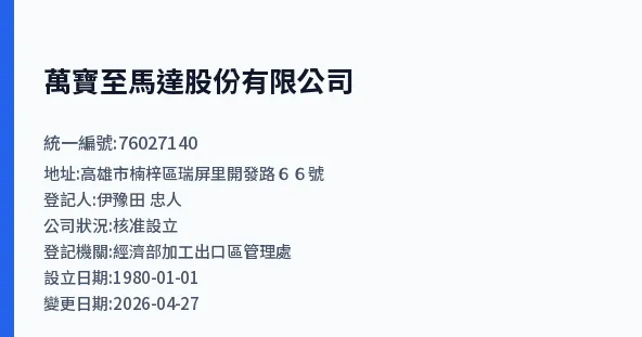 萬寶至馬達股份有限公司的照片-統編 76027140(高雄市) 公司登記資料與營業項目詳細圖表
