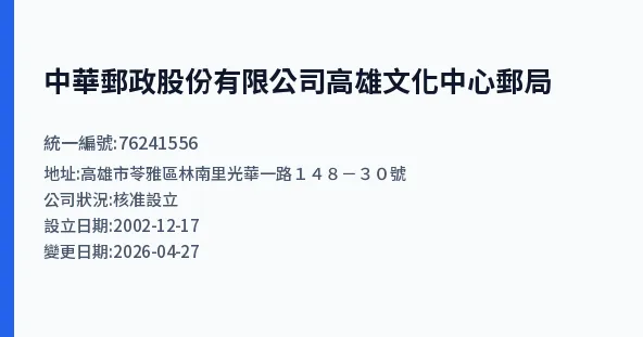中華郵政股份有限公司高雄文化中心郵局的照片-統編 76241556(高雄市) 公司登記資料與營業項目詳細圖表