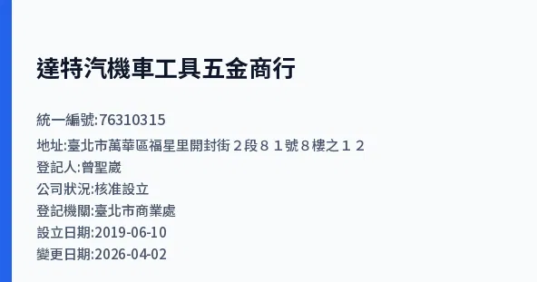 達特汽機車工具五金商行的照片-統編 76310315(臺北市) 公司登記資料與營業項目詳細圖表