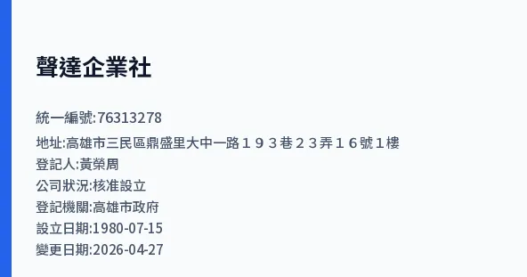 聲達企業社的照片-統編 76313278(高雄市) 公司登記資料與營業項目詳細圖表