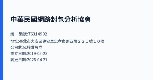 中華民國網路封包分析協會的照片-統編 76314902(臺北市) 公司登記資料與營業項目詳細圖表