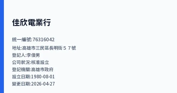 佳欣電業行的照片-統編 76316042(高雄市) 公司登記資料與營業項目詳細圖表