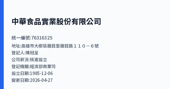 中華食品實業股份有限公司的照片-統編 76316325(高雄市) 公司登記資料與營業項目詳細圖表