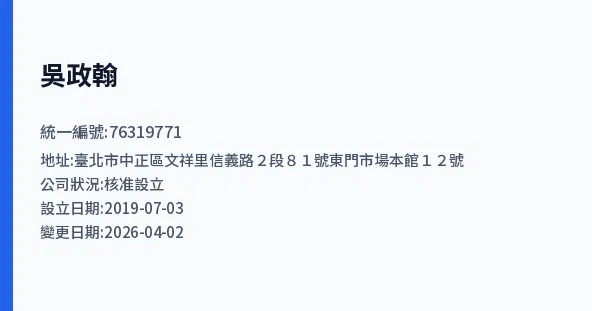 吳政翰的照片-統編 76319771(臺北市) 公司登記資料與營業項目詳細圖表
