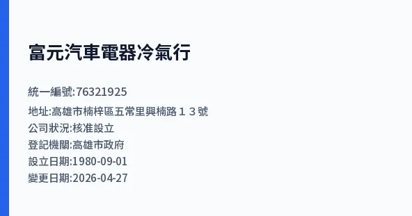 富元汽車電器冷氣行的照片-統編 76321925(高雄市) 公司登記資料與營業項目詳細圖表