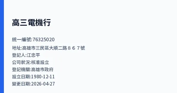 高三電機行的照片-統編 76325020(高雄市) 公司登記資料與營業項目詳細圖表
