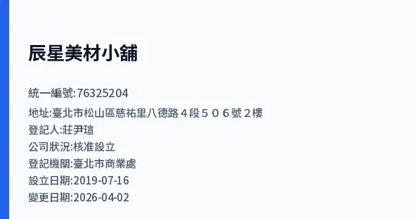 辰星美材小舖的照片-統編 76325204(臺北市) 公司登記資料與營業項目詳細圖表