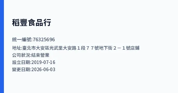 稻豐食品行的照片-統編 76325696(臺北市) 公司登記資料與營業項目詳細圖表