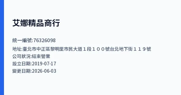 艾娜精品商行的照片-統編 76326098(臺北市) 公司登記資料與營業項目詳細圖表