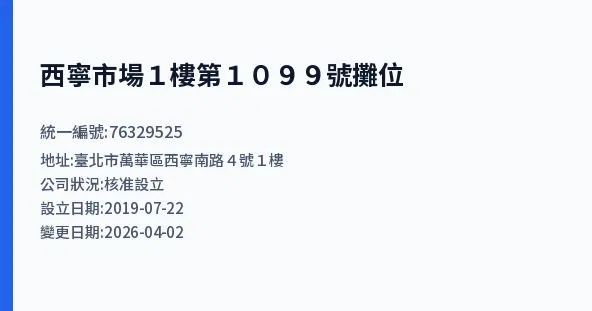 西寧市場1樓第1099號攤位的照片-統編 76329525(臺北市) 公司登記資料與營業項目詳細圖表