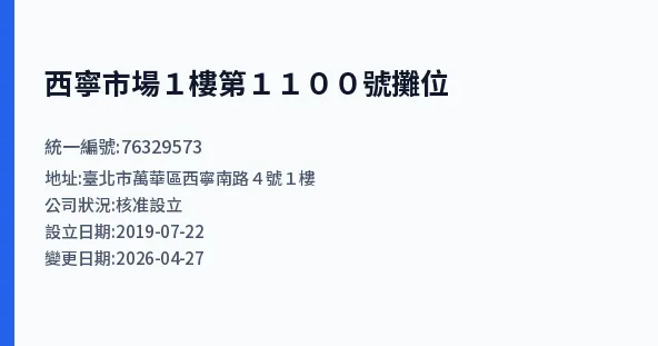 西寧市場1樓第1100號攤位的照片-統編 76329573(臺北市) 公司登記資料與營業項目詳細圖表