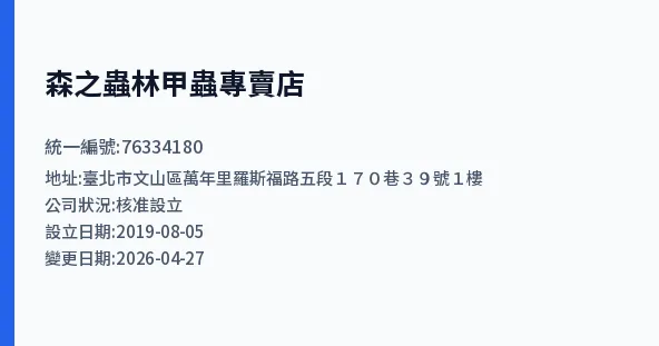 森之蟲林甲蟲專賣店的照片-統編 76334180(臺北市) 公司登記資料與營業項目詳細圖表