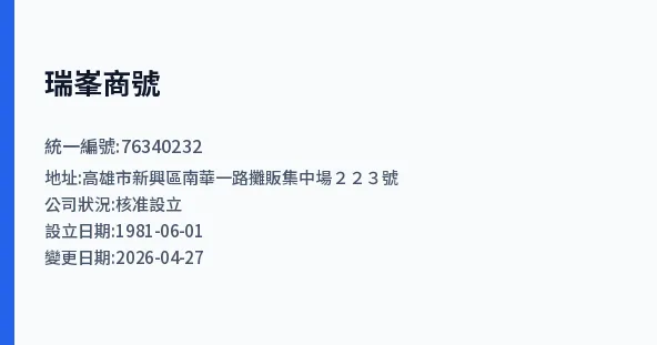 瑞峯商號的照片-統編 76340232(高雄市) 公司登記資料與營業項目詳細圖表