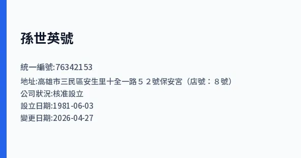 孫世英號的照片-統編 76342153(高雄市) 公司登記資料與營業項目詳細圖表