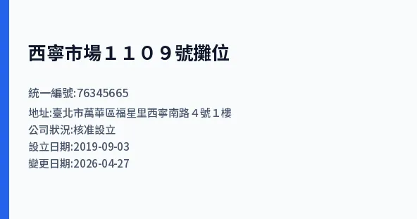西寧市場1109號攤位的照片-統編 76345665(臺北市) 公司登記資料與營業項目詳細圖表