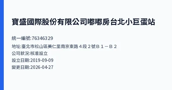 寶盛國際股份有限公司嘟嘟房台北小巨蛋站的照片-統編 76346329(臺北市) 公司登記資料與營業項目詳細圖表