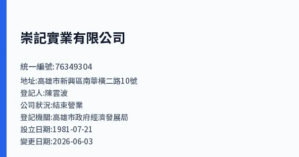 崇記實業有限公司的照片-統編 76349304(高雄市) 公司登記資料與營業項目詳細圖表