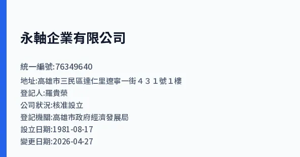 永軸企業有限公司的照片-統編 76349640(高雄市) 公司登記資料與營業項目詳細圖表