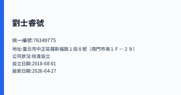 劉士睿號的照片-統編 76349775(臺北市) 公司登記資料與營業項目詳細圖表