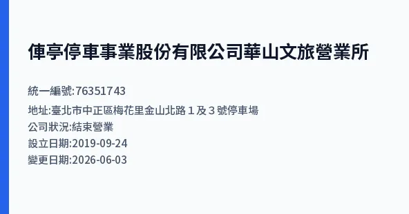 俥亭停車事業股份有限公司華山文旅營業所的照片-統編 76351743(臺北市) 公司登記資料與營業項目詳細圖表