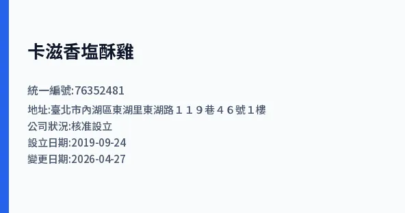 卡滋香塩酥雞的照片-統編 76352481(臺北市) 公司登記資料與營業項目詳細圖表