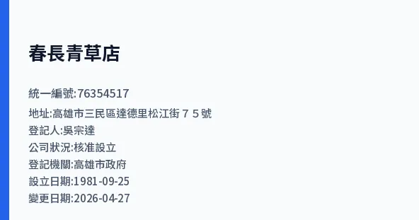 春長青草店的照片-統編 76354517(高雄市) 公司登記資料與營業項目詳細圖表