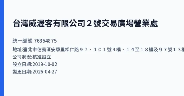 台灣威渥客有限公司2號交易廣場營業處的照片-統編 76354875(臺北市) 公司登記資料與營業項目詳細圖表