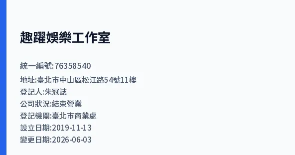 趣躍娛樂工作室的照片-統編 76358540(臺北市) 公司登記資料與營業項目詳細圖表