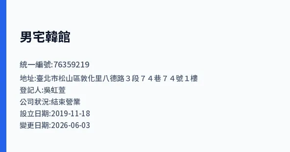男宅韓館的照片-統編 76359219(臺北市) 公司登記資料與營業項目詳細圖表