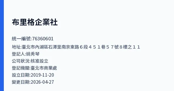 布里格企業社的照片-統編 76360601(臺北市) 公司登記資料與營業項目詳細圖表