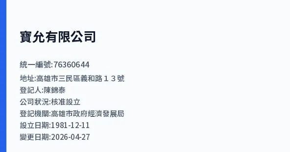 寶允有限公司的照片-統編 76360644(高雄市) 公司登記資料與營業項目詳細圖表