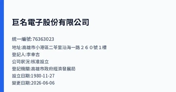 巨名電子股份有限公司的照片-統編 76363023(高雄市) 公司登記資料與營業項目詳細圖表