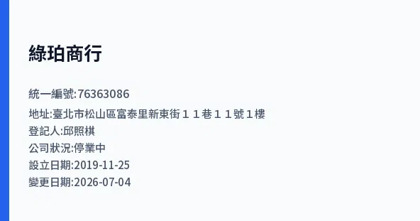 綠珀商行的照片-統編 76363086(臺北市) 公司登記資料與營業項目詳細圖表