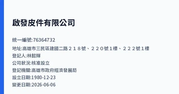 啟發皮件有限公司的照片-統編 76364732(高雄市) 公司登記資料與營業項目詳細圖表