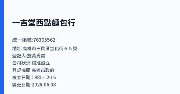 一吉堂西點麵包行的照片-統編 76365562(高雄市) 公司登記資料與營業項目詳細圖表