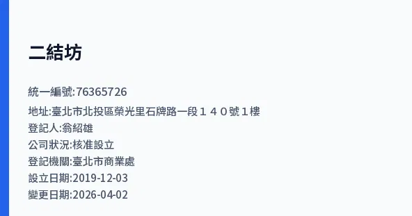 二結坊的照片-統編 76365726(臺北市) 公司登記資料與營業項目詳細圖表