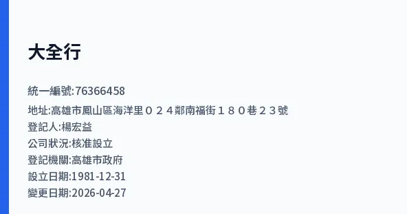 大全行的照片-統編 76366458(高雄市) 公司登記資料與營業項目詳細圖表