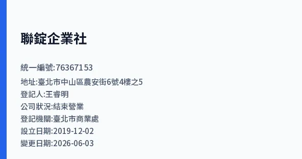 聯錠企業社的照片-統編 76367153(臺北市) 公司登記資料與營業項目詳細圖表
