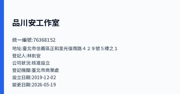 品川安工作室的照片-統編 76368152(臺北市) 公司登記資料與營業項目詳細圖表