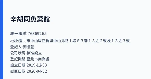 辛胡同魚菜館的照片-統編 76369265(臺北市) 公司登記資料與營業項目詳細圖表