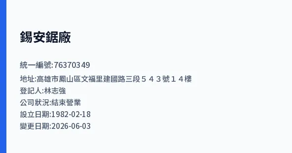 錫安鋸廠的照片-統編 76370349(高雄市) 公司登記資料與營業項目詳細圖表