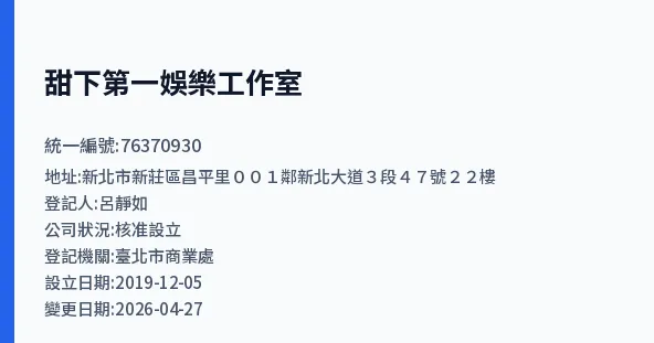 甜下第一娛樂工作室的照片-統編 76370930(新北市) 公司登記資料與營業項目詳細圖表