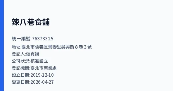 辣八巷食舖的照片-統編 76373325(臺北市) 公司登記資料與營業項目詳細圖表