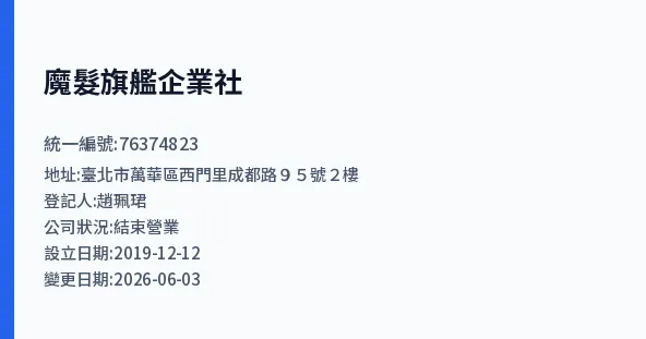 魔髮旗艦企業社的照片-統編 76374823(臺北市) 公司登記資料與營業項目詳細圖表