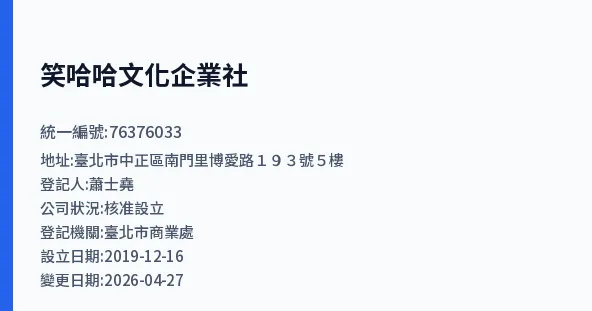 笑哈哈文化企業社的照片-統編 76376033(臺北市) 公司登記資料與營業項目詳細圖表