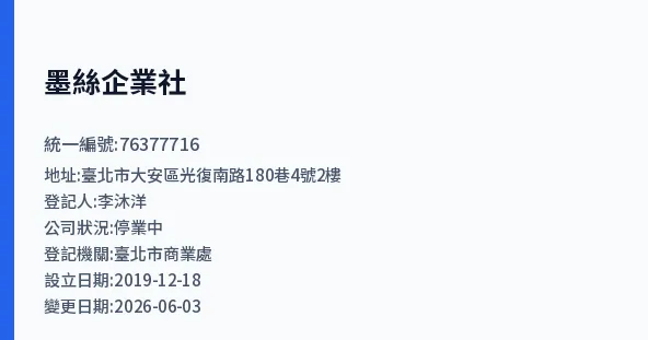 墨絲企業社的照片-統編 76377716(臺北市) 公司登記資料與營業項目詳細圖表