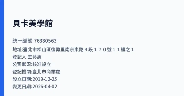 貝卡美學館的照片-統編 76380563(臺北市) 公司登記資料與營業項目詳細圖表