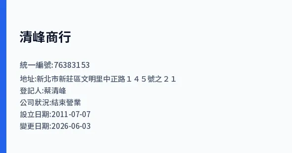 清峰商行的照片-統編 76383153(新北市) 公司登記資料與營業項目詳細圖表