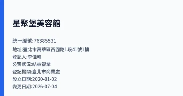 星聚堡美容館的照片-統編 76385531(臺北市) 公司登記資料與營業項目詳細圖表